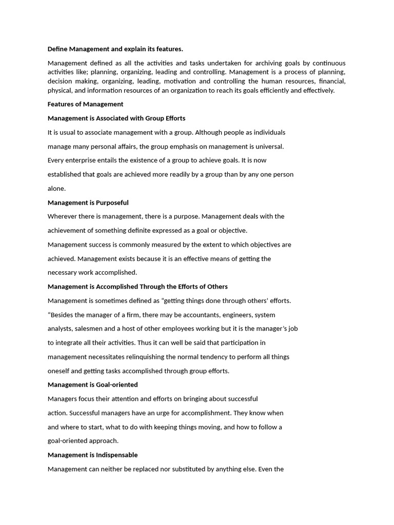 Define Management and Explain Its Features | PDF