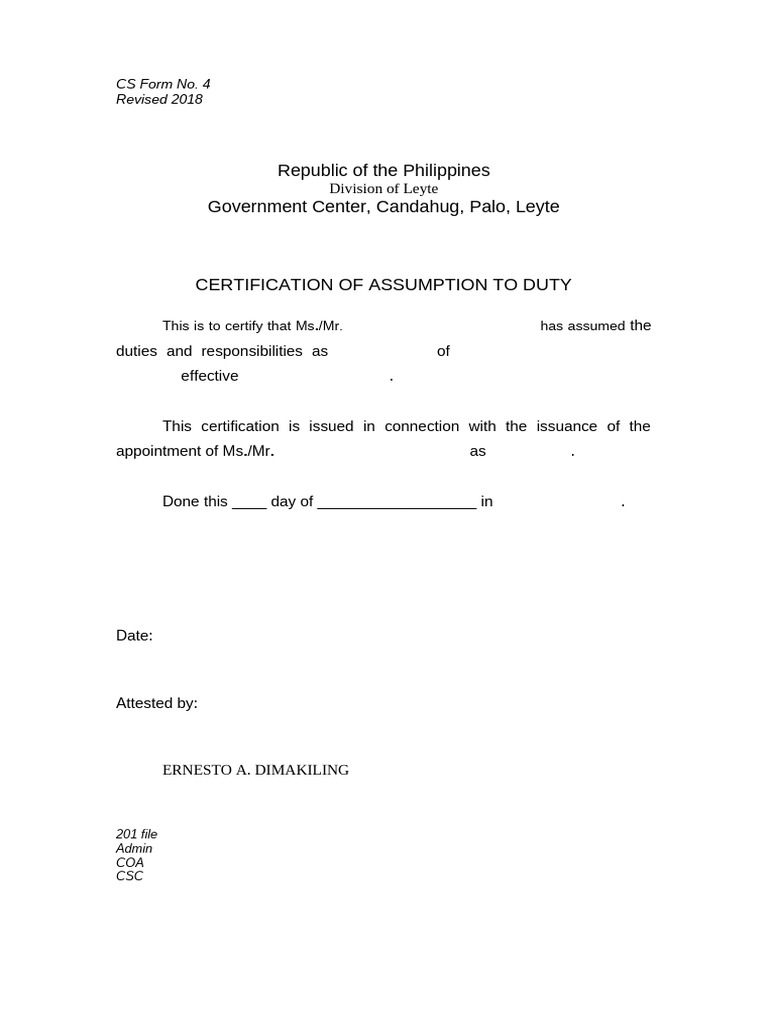 CS Form No. 4 Certification of Assumption To Duty No 30days | PDF