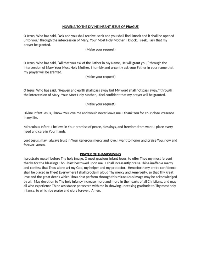 Divine Infant Jesus of Prague Novena Prayer | PDF