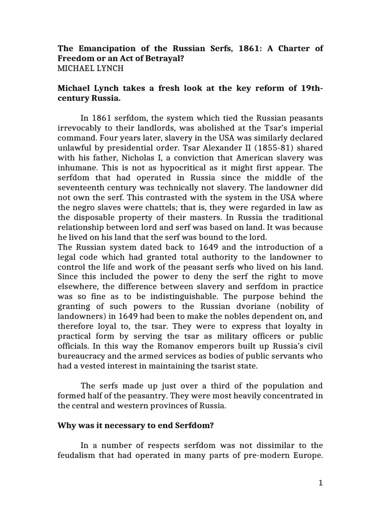 The Emancipation of Russian Serfs | PDF