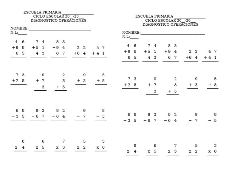 Diagnostico Operaciones Básicas Suma Resta y Multiplicacion | PDF