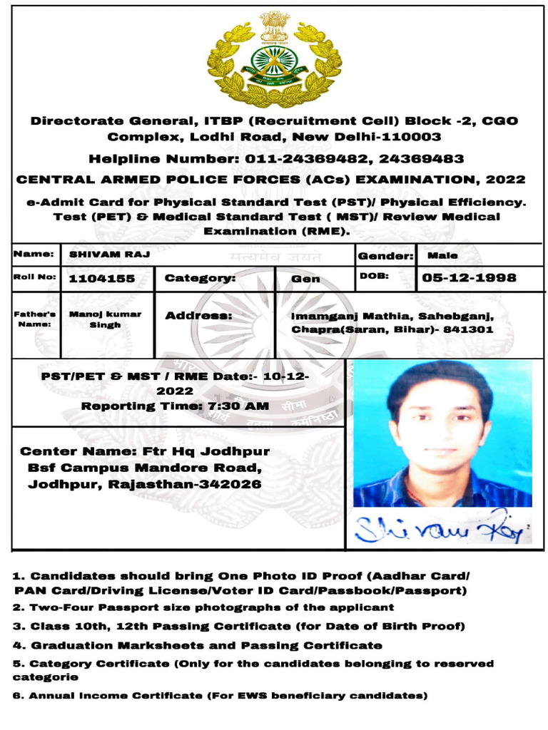 Capf Ac Pet Admit Card | PDF