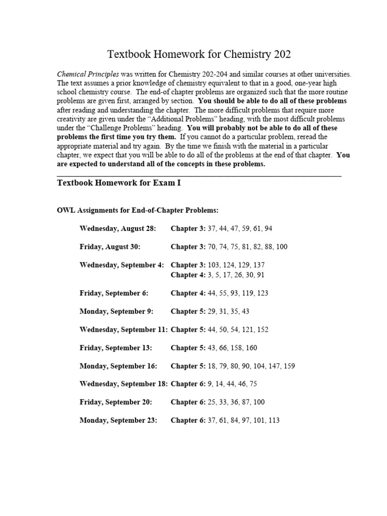 Chemistry 202 Text HW Exam I (f2024) | PDF