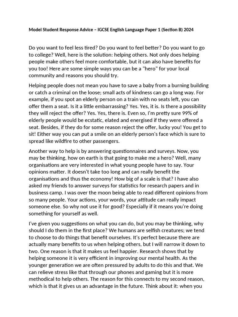 Model Student Response - IGCSE English Language Paper 1 (Sec | PDF