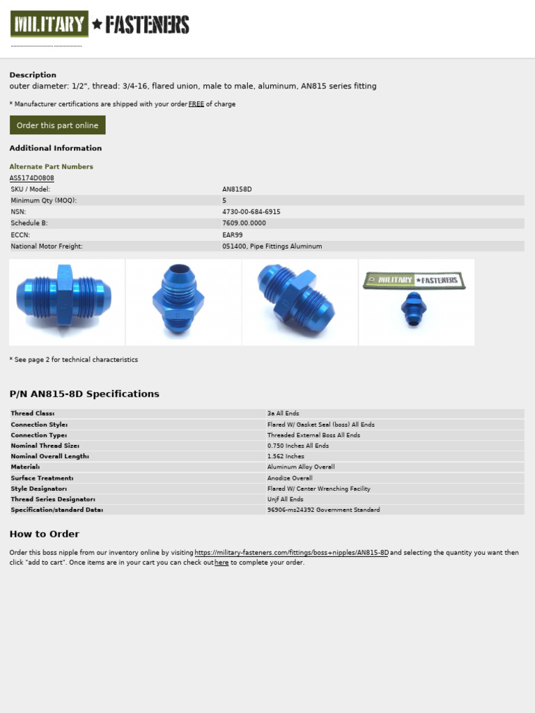 AN815 8D - Military Fasteners Com | PDF