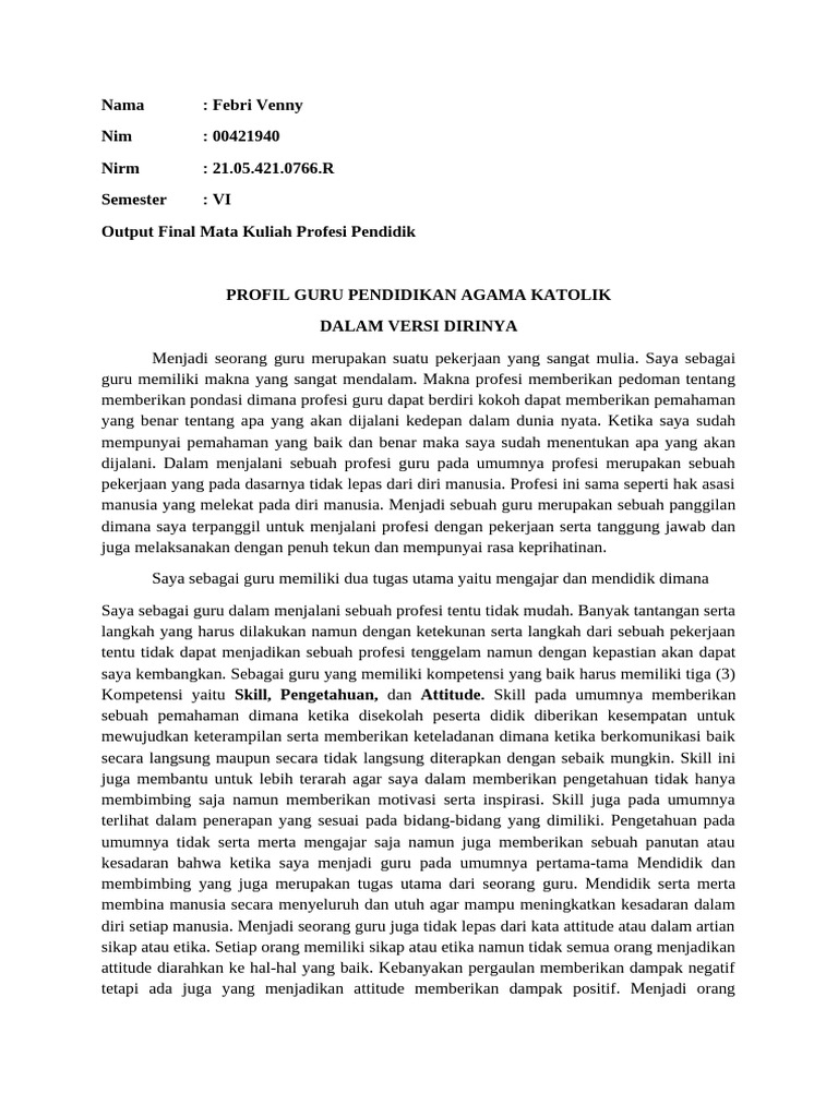 Profil Guru Agama Katolik untuk TK | PDF | Karier & Perkembangan ...