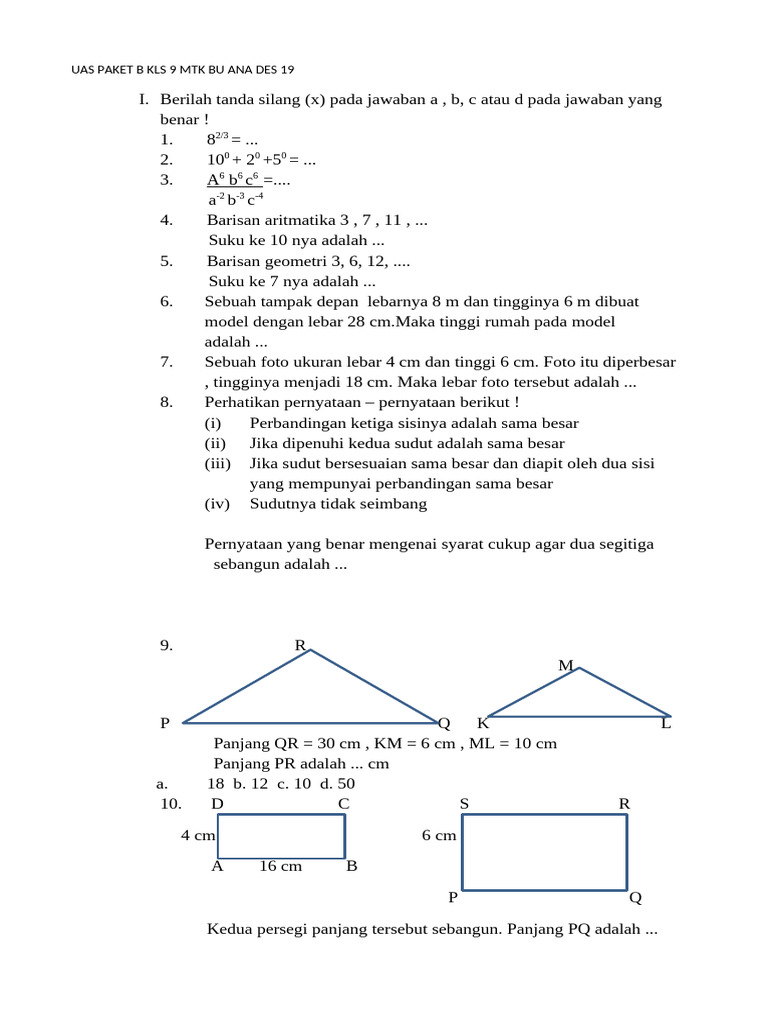 Uas Paket B KLS 9 MTK Bu Ana Des 19 | PDF
