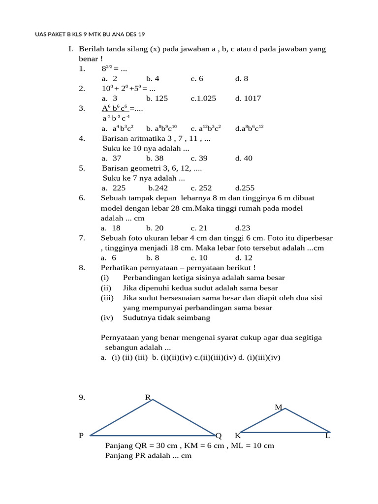 Uas Paket B KLS 9 MTK Bu Ana Des 19 | PDF