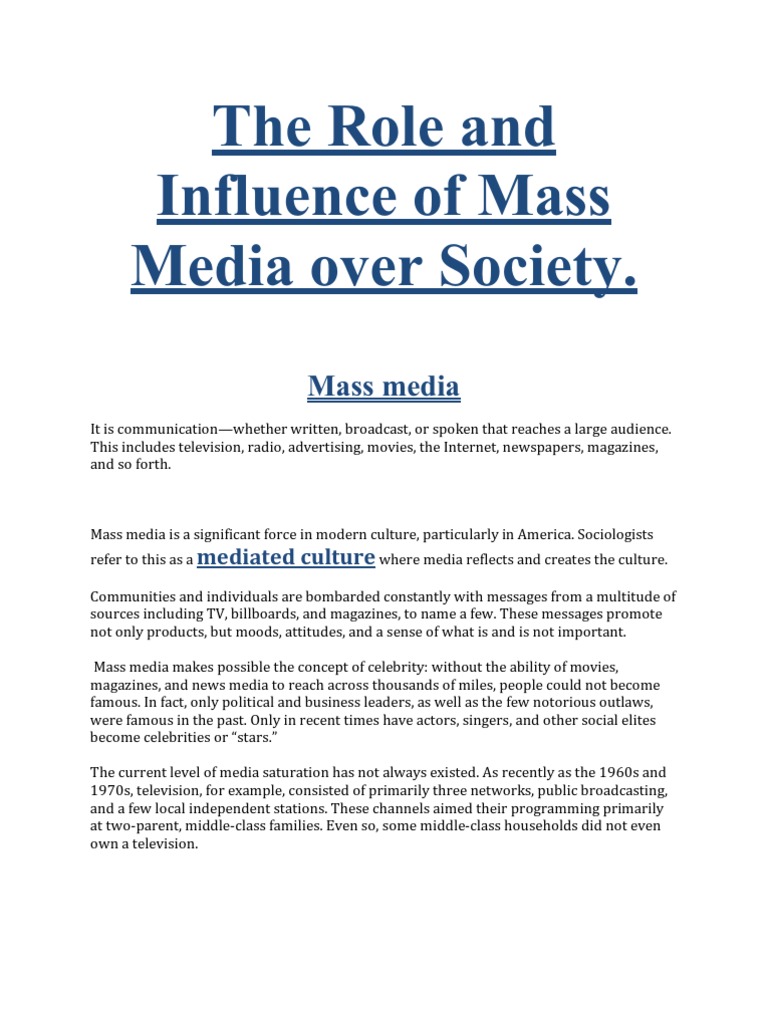 The Role and Influence of Mass Media On Soceity. | PDF | Mass Media ...