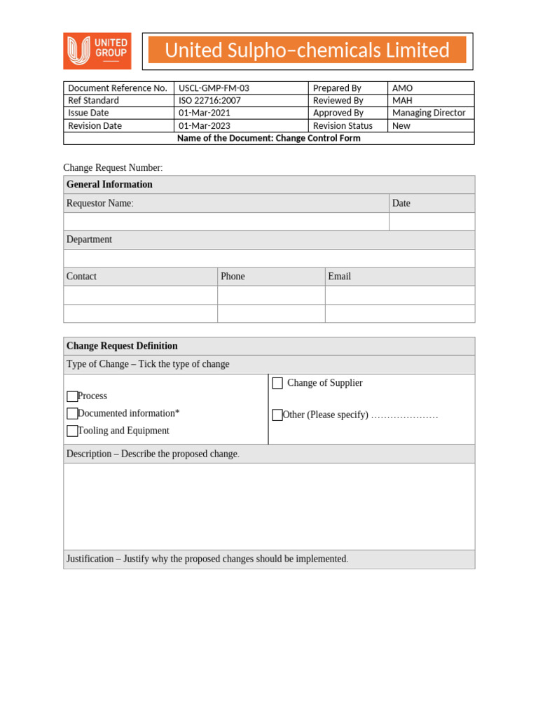 GMP-FM-03 Change Control Form | PDF