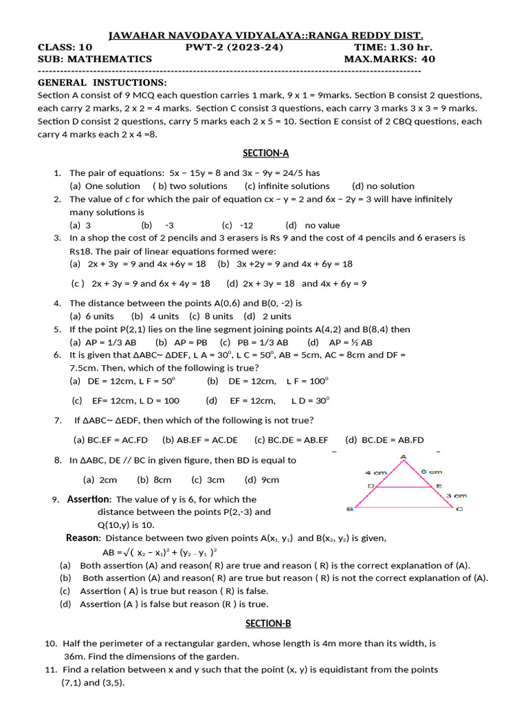 PWT-2, X MATHS 2023-24 New1 | PDF