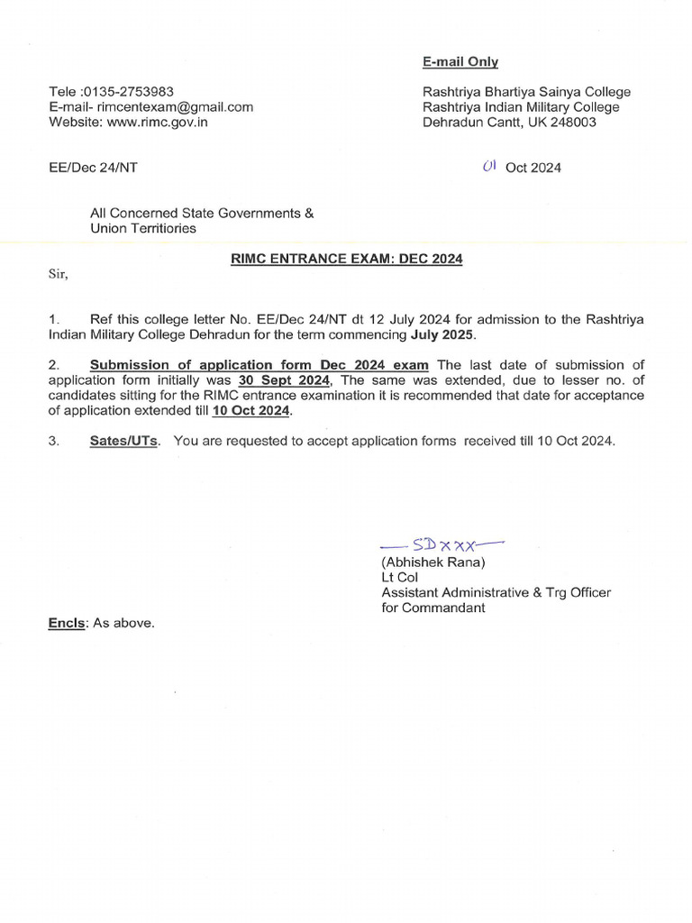 Extension For Submi. of Application Form Rimc Exam Dec 2024 | PDF