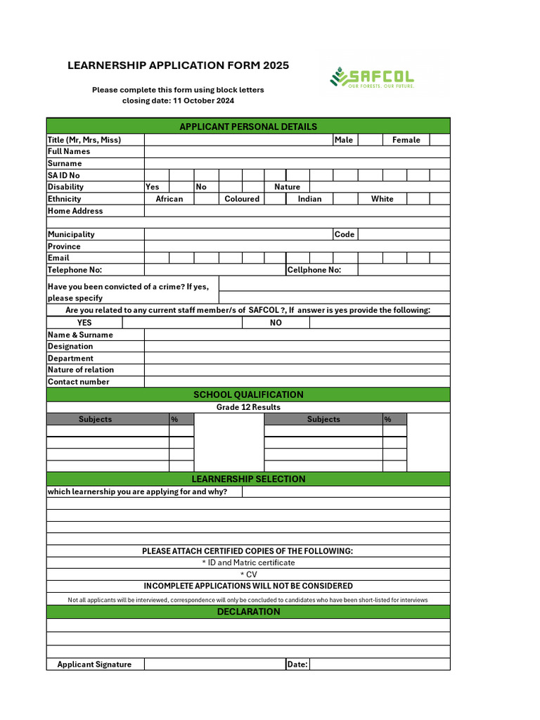SAFCOL Application Form | PDF