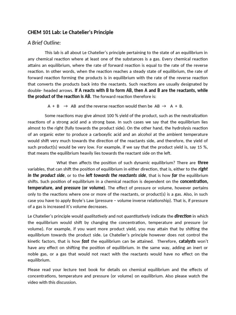 CHEM 101 - Lab 7 - Le Chateliers Principle | PDF