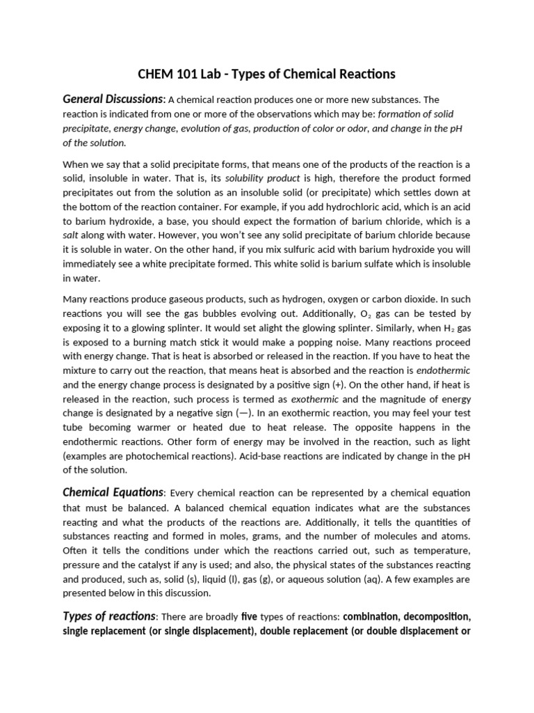 Chem 101 Lab 6 Chemical reactions | PDF