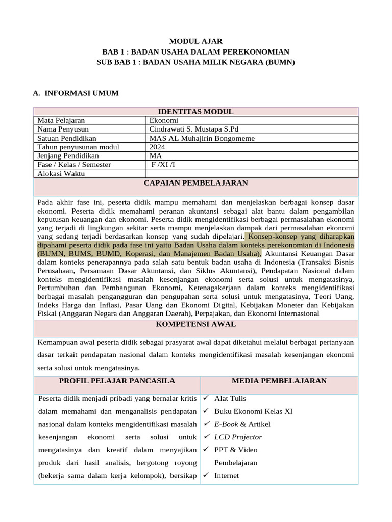Modul Ajar Ekonomi 11 FIXX - Bab 1 Badan Usaha Dalam Perekonomian - (Ganjil 2024) | PDF