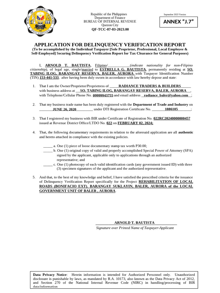 Application For Delinquency Verification Report Individual Taxpayers | PDF