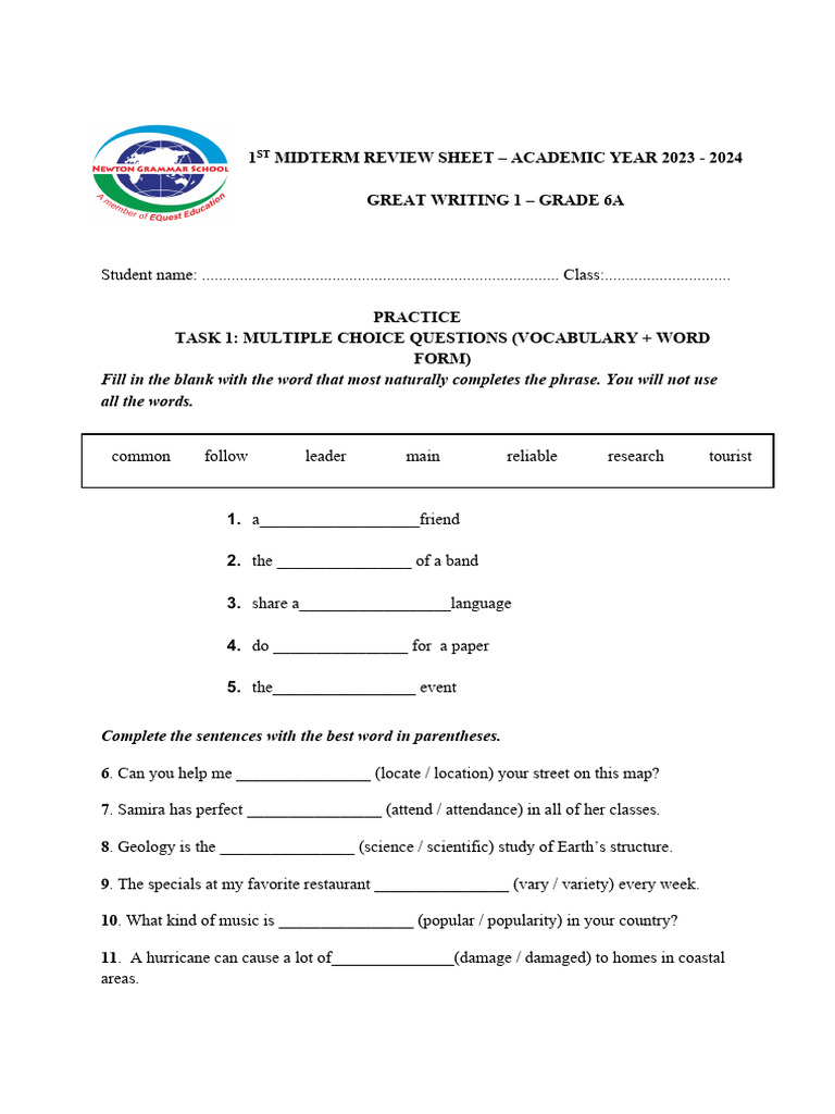 1ST Midterm Review Sheet - Great Writing 1 (6a) - Academic Year 2023 - 2024 - Không Đáp Án | PDF