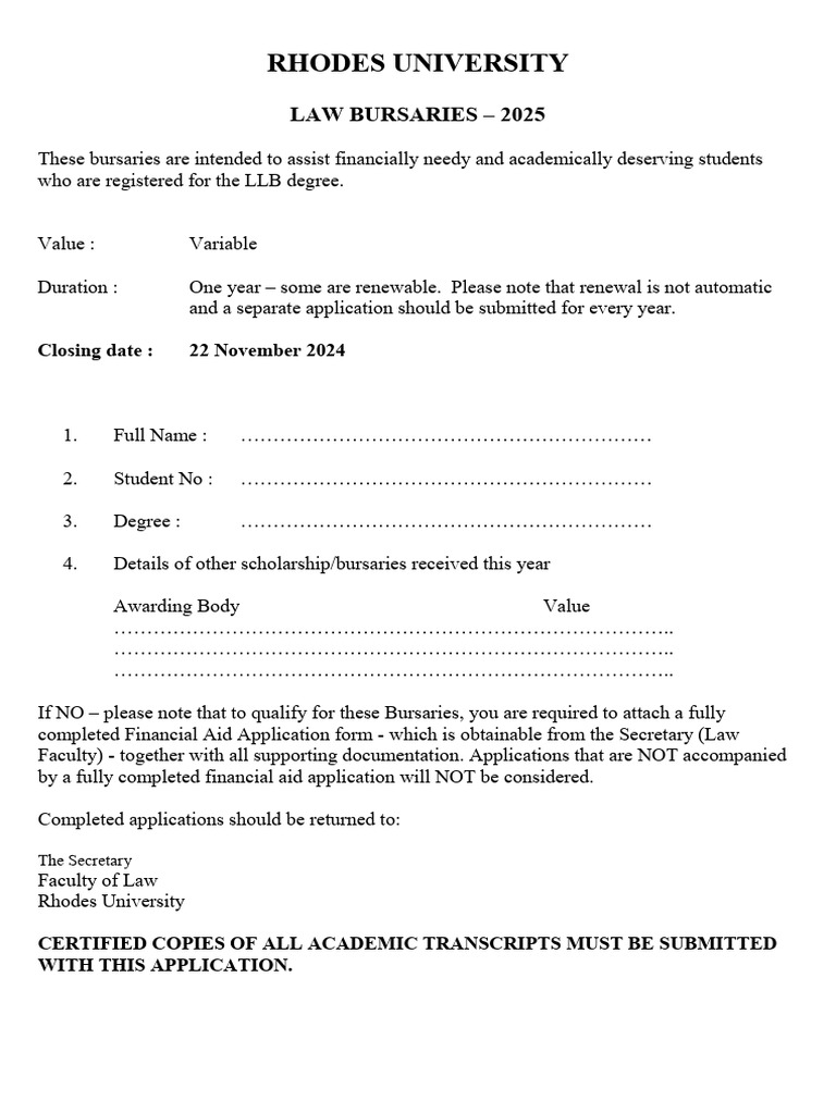 Law Bursaries Application Form 2025 | PDF
