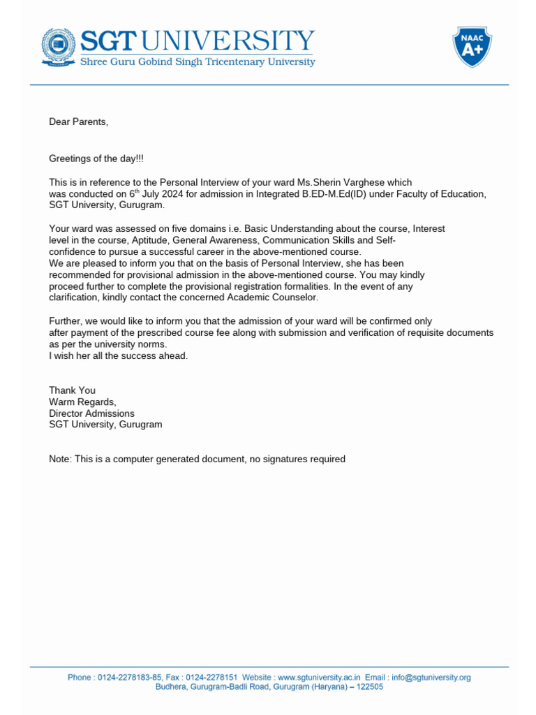 Sherin Varghese PI Letter | PDF