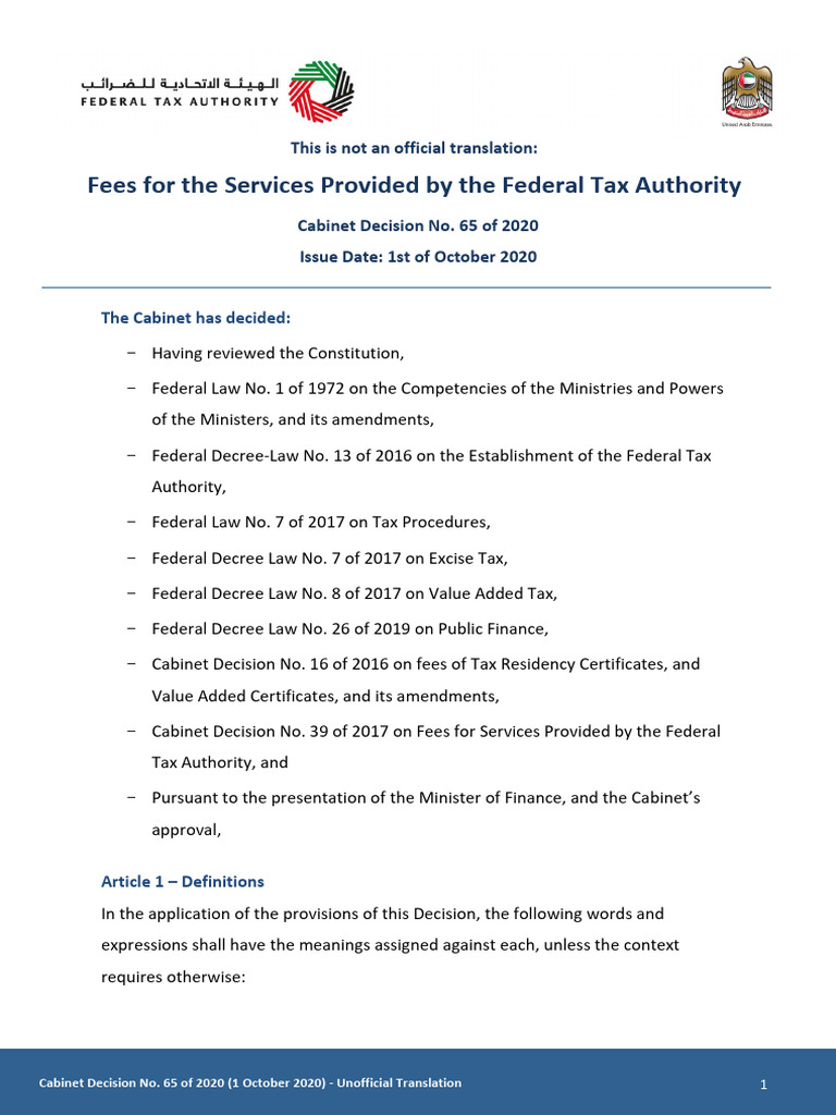 Cabinet Decision No 65 of 2020 On FTA Fees For Services Provided by The ...