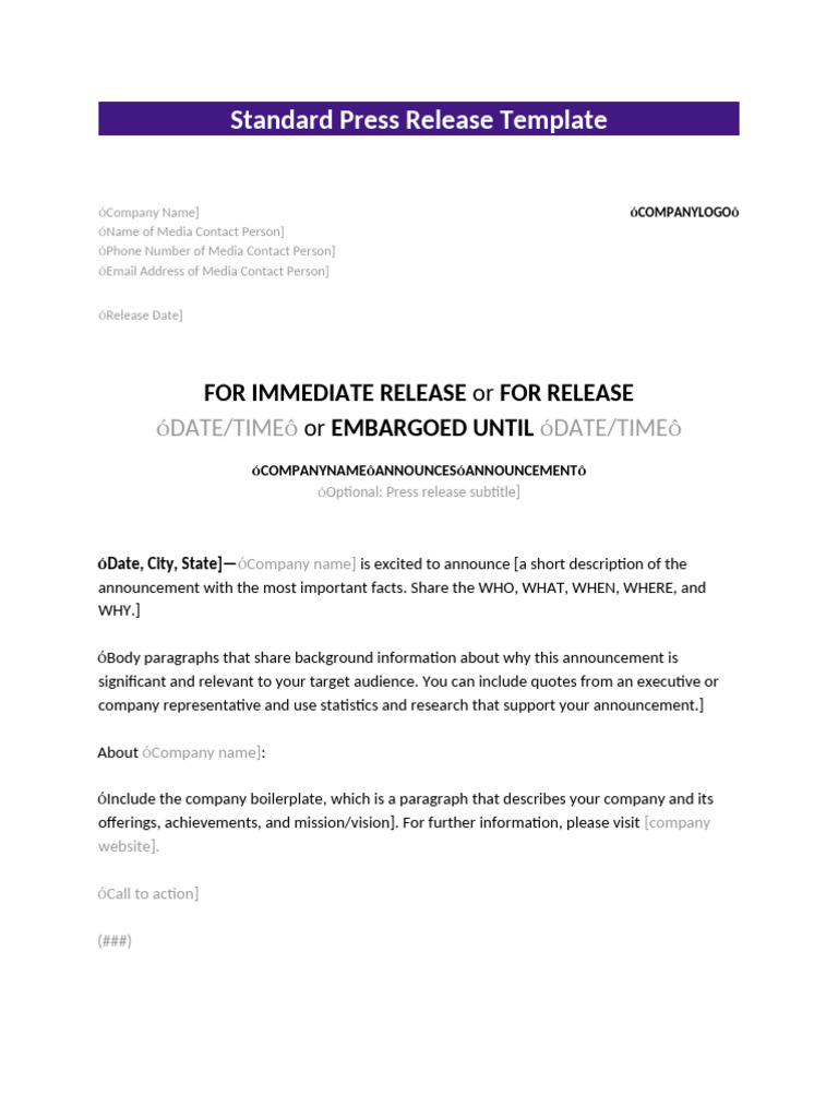 Standard Press Release Template | PDF Standard Press Release Template | PDF