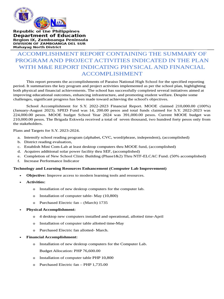 Accomplishment Report Containing The Summary of Program and Project ...