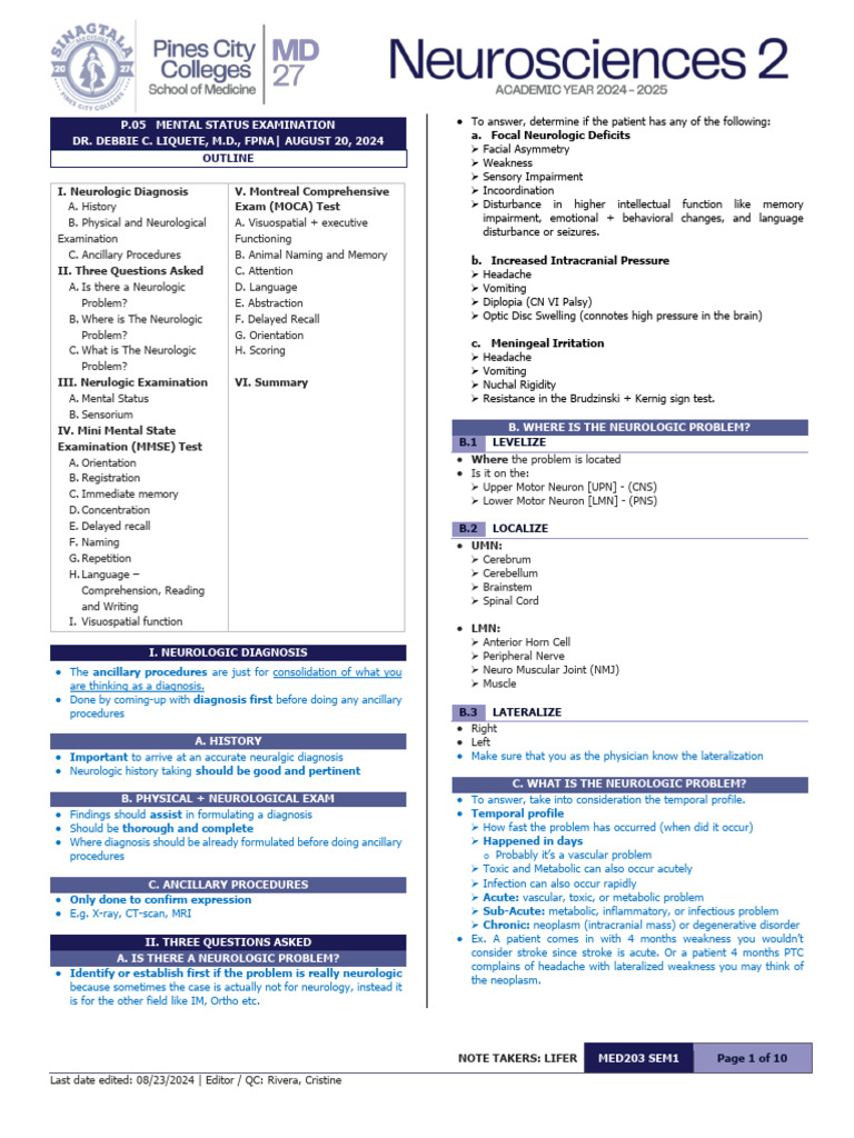 (Neuro) p.05 Mental Status Examination | PDF