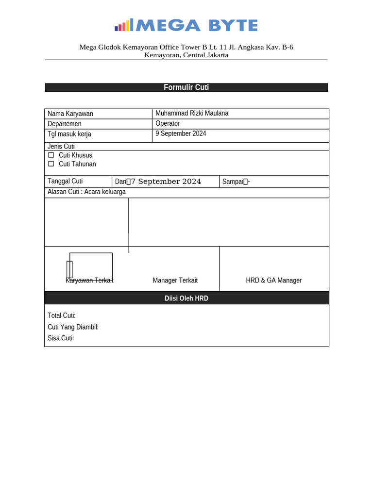 Form Cuti MEGABYTE (M Rizki M) ) | PDF