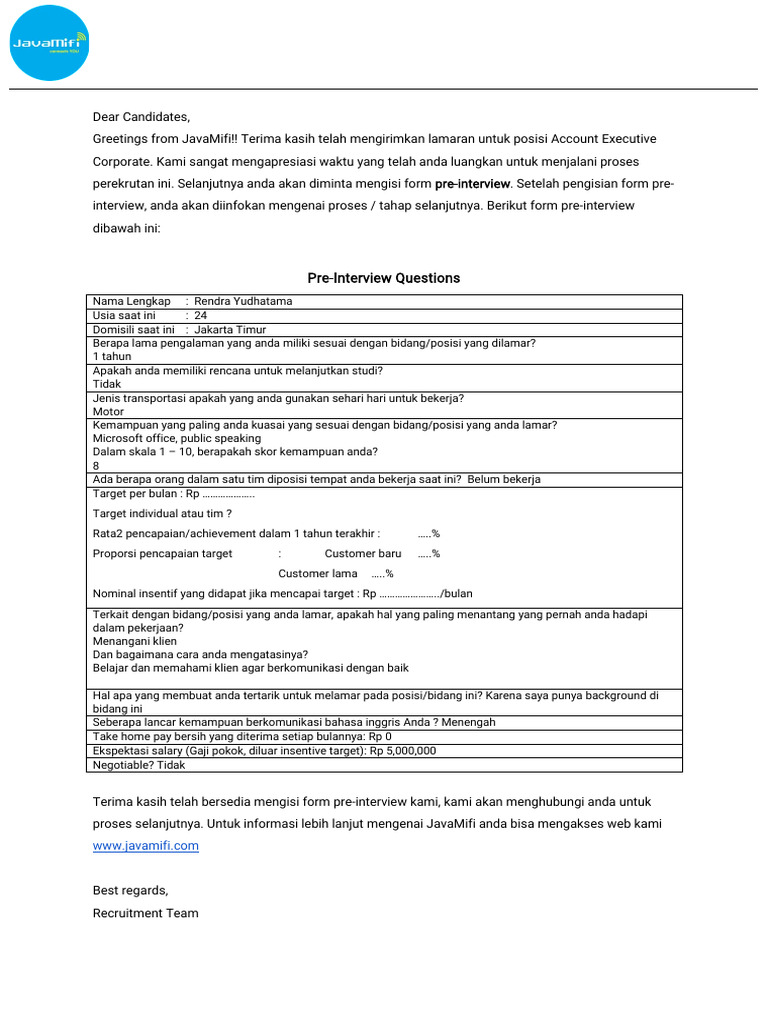 Pre-Interview Questions | PDF