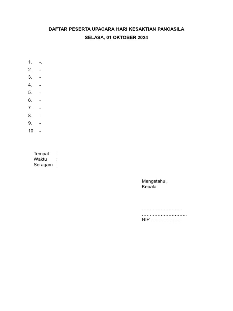 Format Daftar Peserta Upacara | PDF