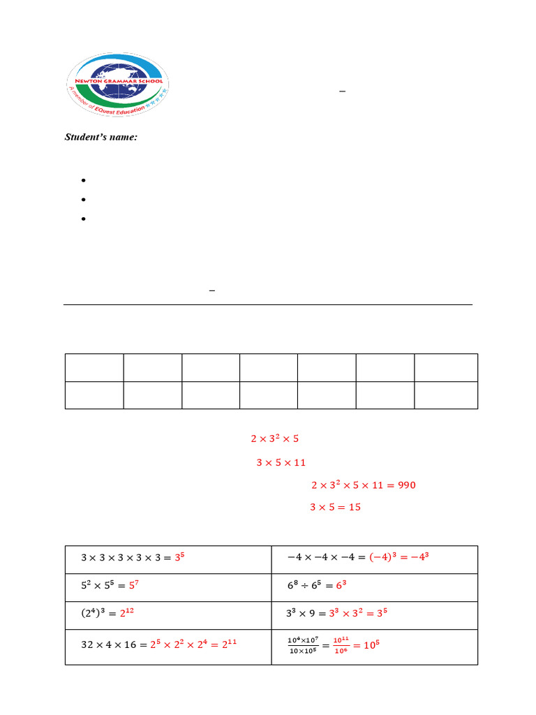 7a - Key - 1ST Math Midterm Revision | PDF