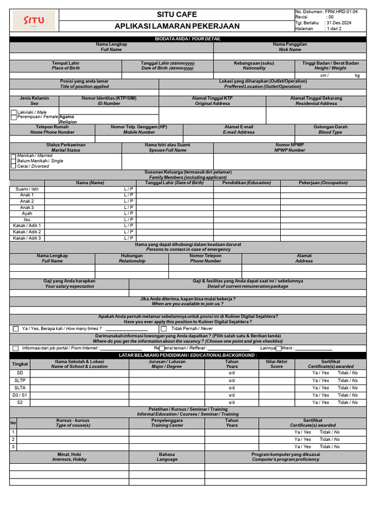 Form Isian Pelamar Situ Cafe | PDF