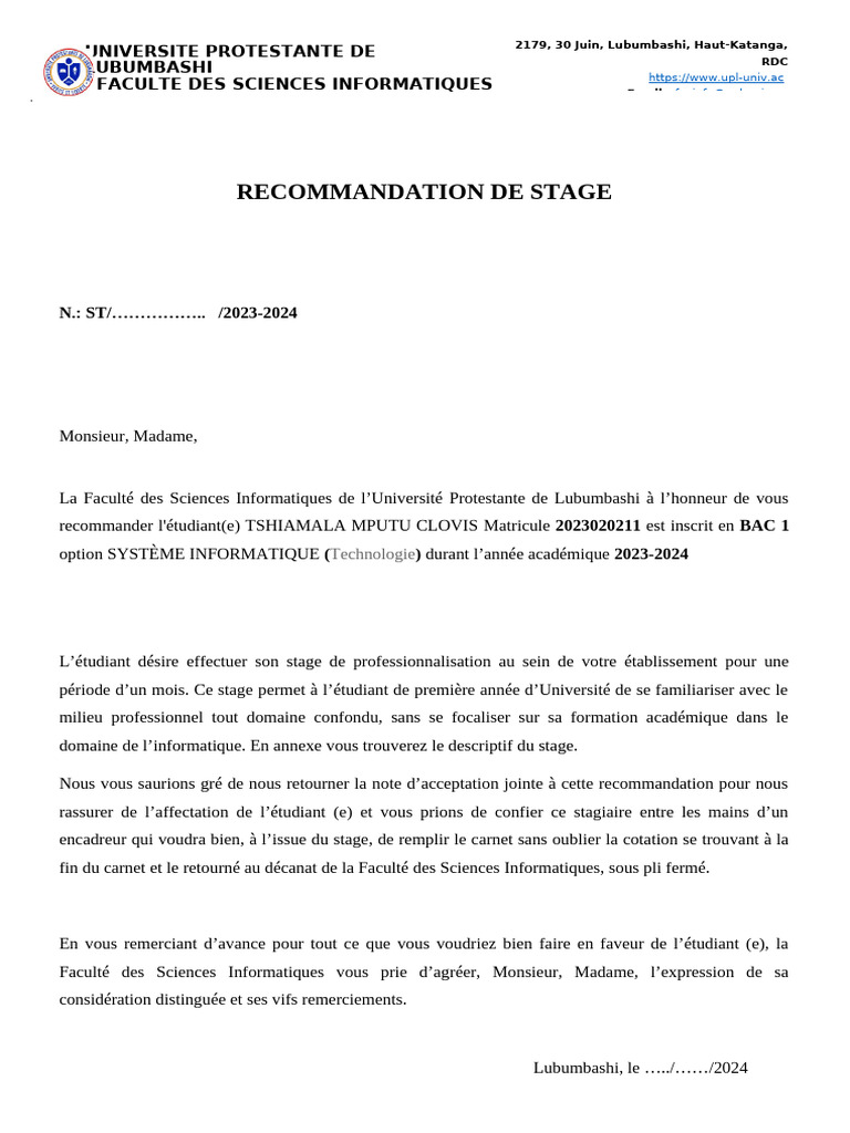 Recommandation de Stage Mkdev | PDF