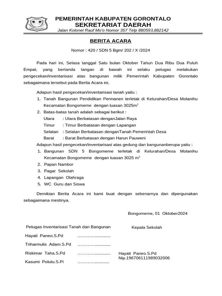 Berita Acara Pemeriksaan Fisik Tanah Dan Bangunan 2024 | PDF