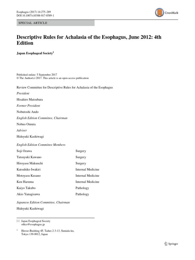 Descriptive Rules For Achalasia of The Esophagus, June 2012: 4th ...