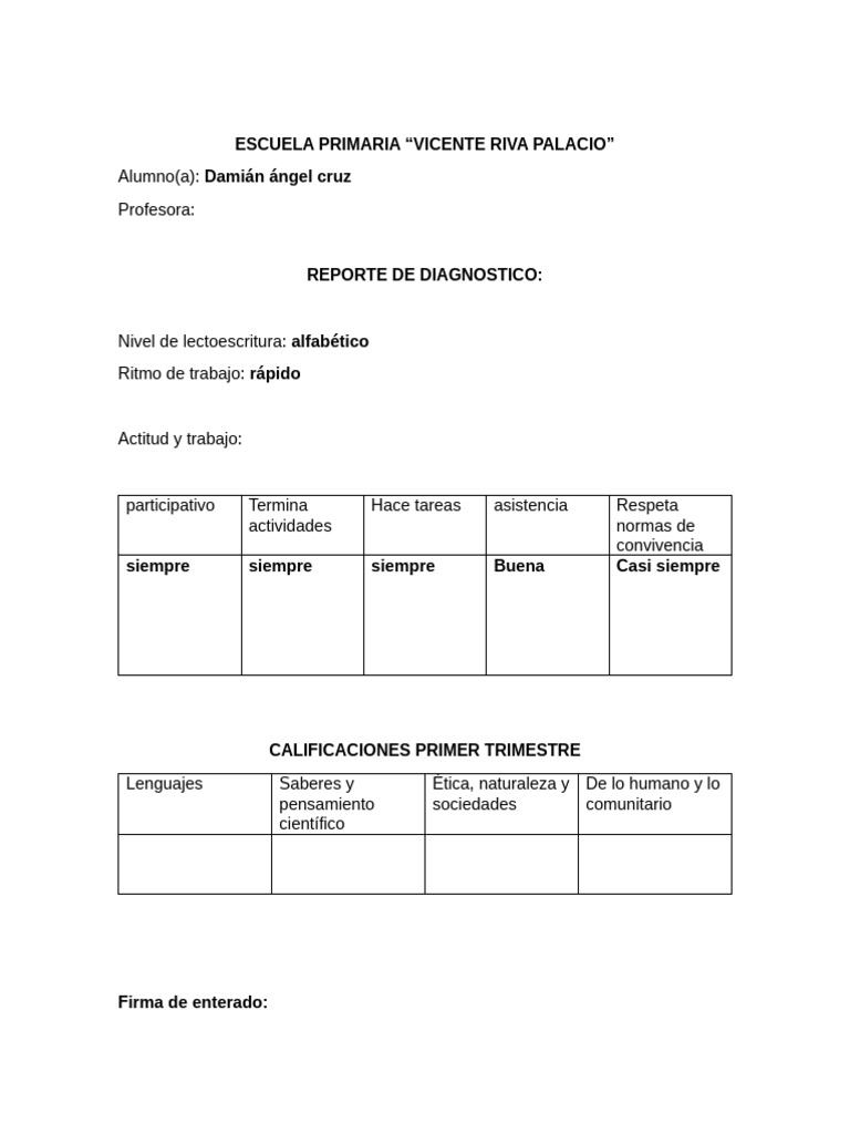 Reportes de Diagnostico 1ro A | PDF