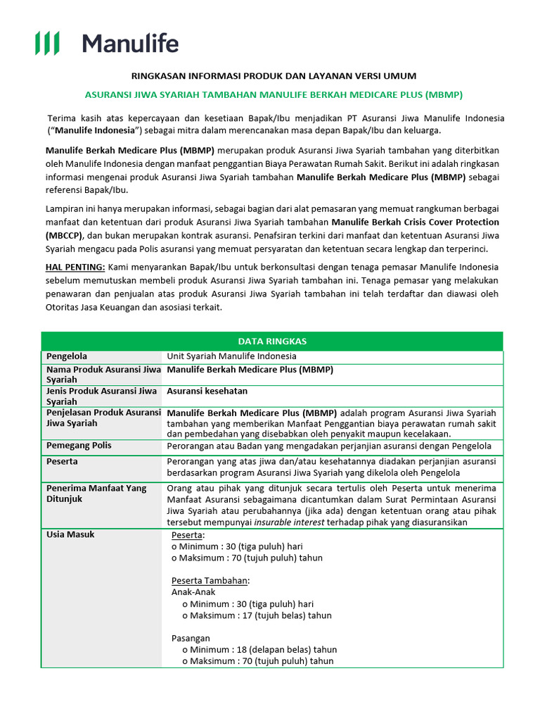 Manulife Berkah Medicare Plus - Ringkasan Informasi Produk Dan Layanan Versi Umum | PDF