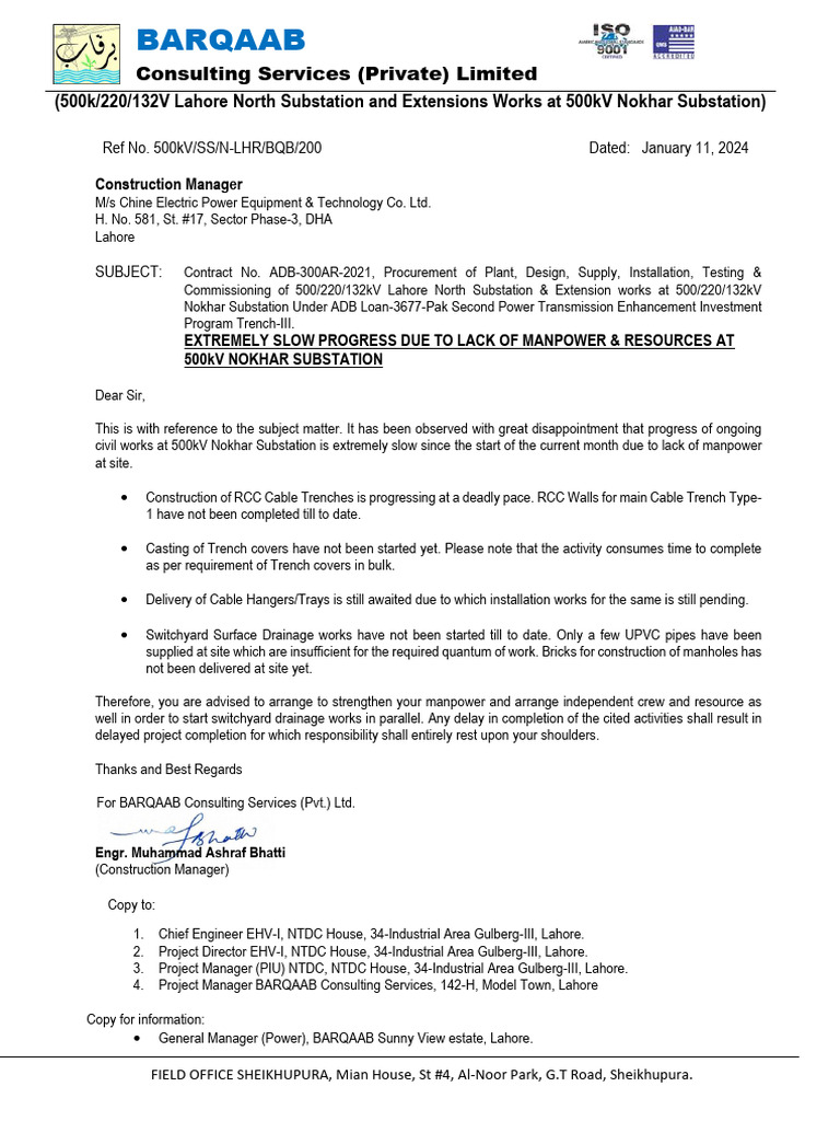 Extremely Slow Progress Due To Lack of Manpower & Resources at 500kV ...