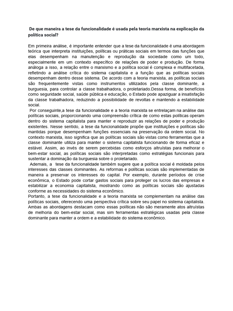 De Que Maneira A Tese Da Funcionalidade É Usada Pela Teoria Marxista Na ...