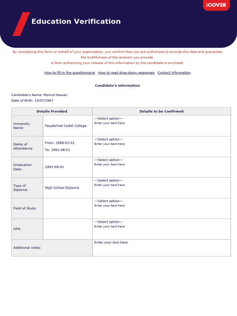 Education Verification Questionnaire | PDF