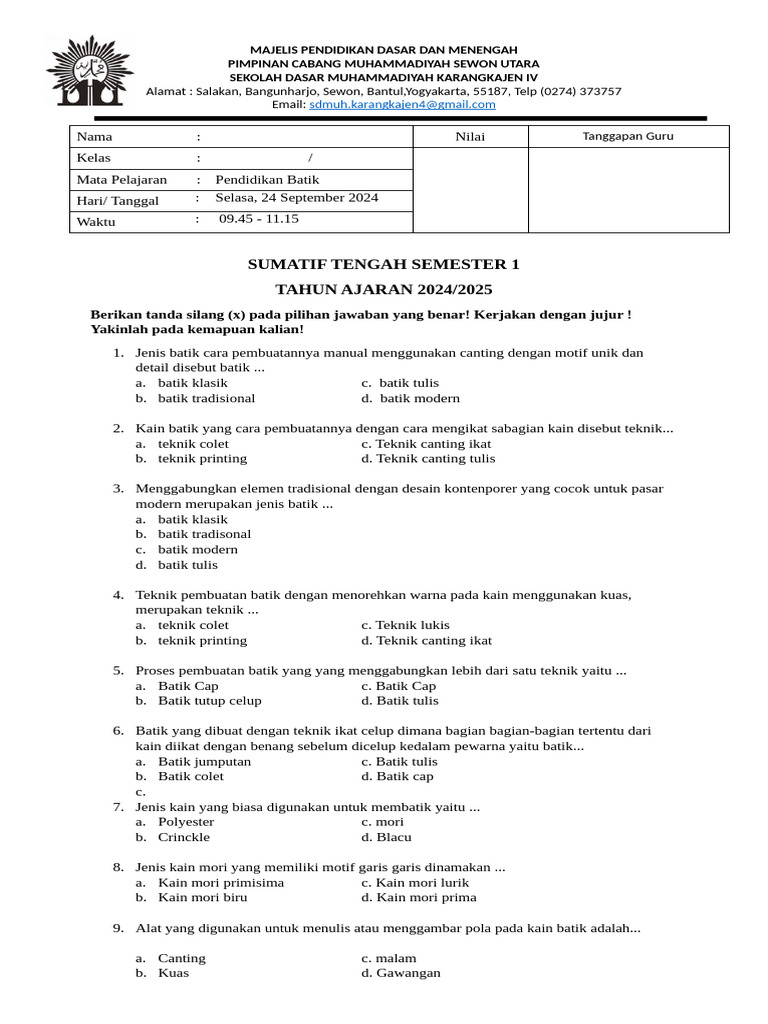 Soal STS Sem 1 Pend. Batik | PDF
