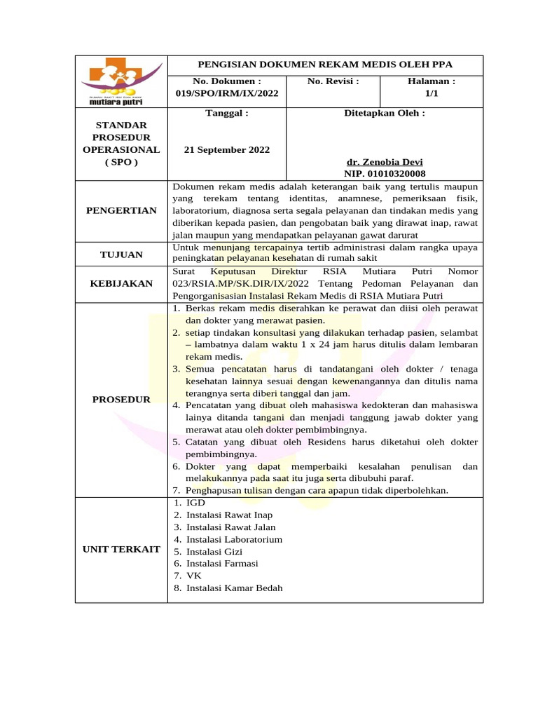 019 Spo Pengisian Dokumen Rekam Medis Oleh Ppa | PDF