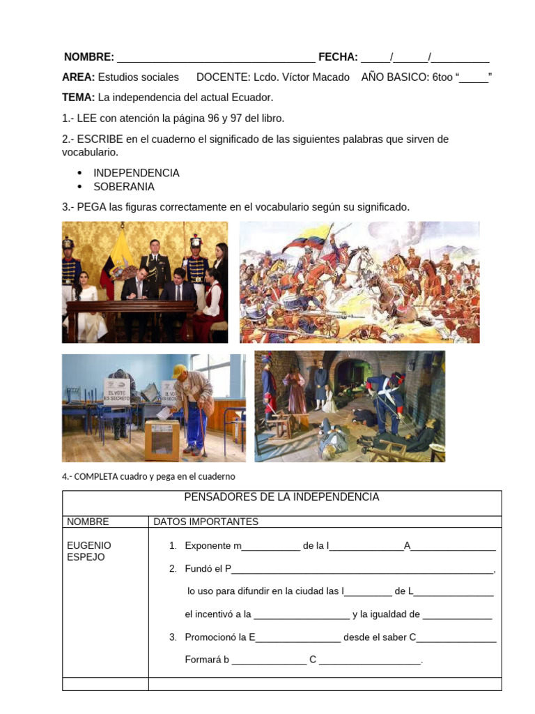 ACTIVIDAD INDEPENDENCIA DEL ACTUAL ECUADOR 6to 24 | PDF