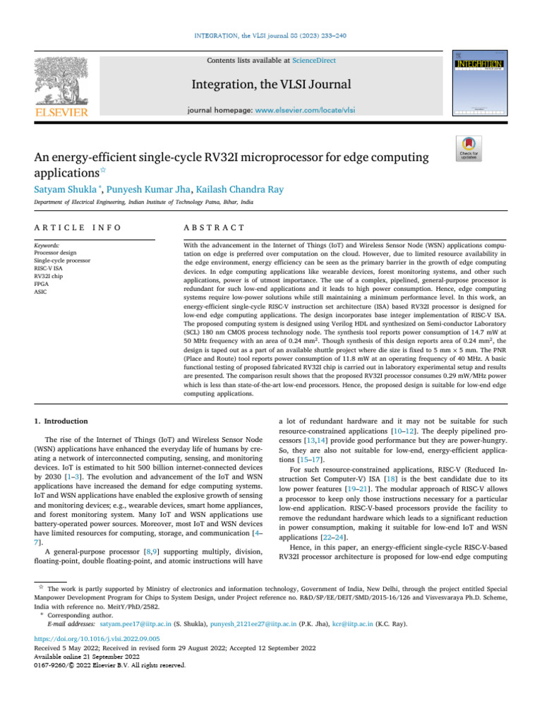 An Energy Efficient Single Cycle RV32I Microprocessor for Edge ...