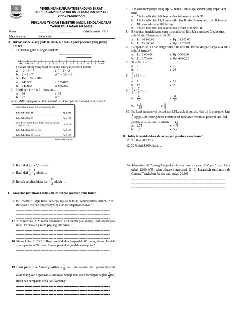 PTS Ganjil MTK KLS Vi 2021 2022 | PDF