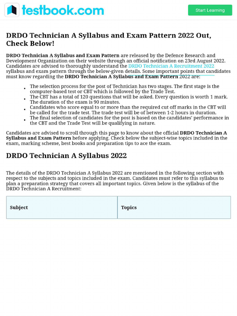 DRDO Technician A Syllabus and Exam Pattern 2022 Out, Check Below! | PDF