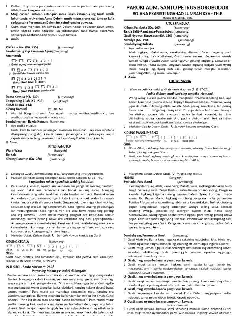 Bojana Ekaristi Ngahad Lumrah XXV - TH.B: Padha Diukum Mati Waé Sing Sanistha-Nisthané | PDF