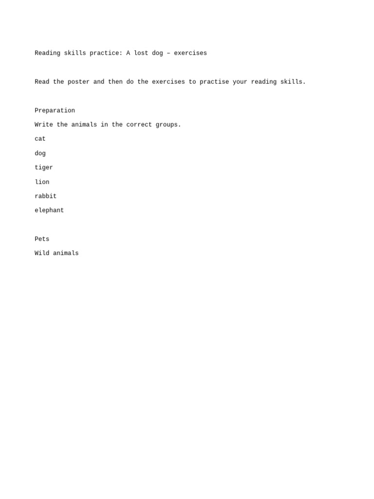 Reading Comprehension A1 A Lost Dog | PDF