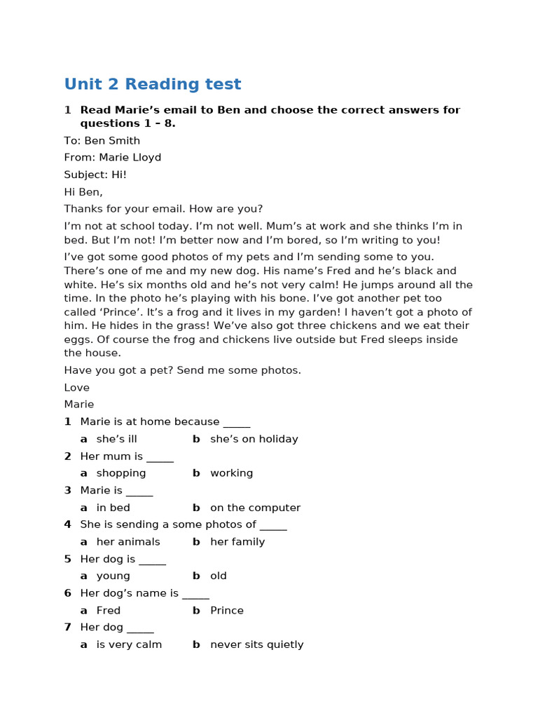 Unit 2 Reading Test 7th Grade | PDF